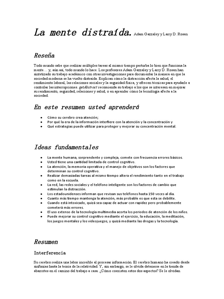 La Mente Distraída - Adam Gazzaley y Larry D. Rosen | PDF | Atención ...