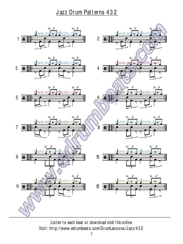Jazz Drum Patterns 432: Listen To Each Beat or Download Midi File ...