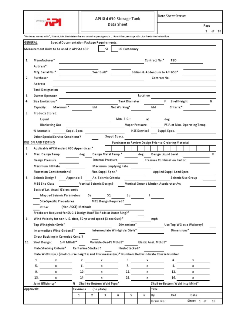API 650 Tank Data Sheet | PDF | Roof | Pressure