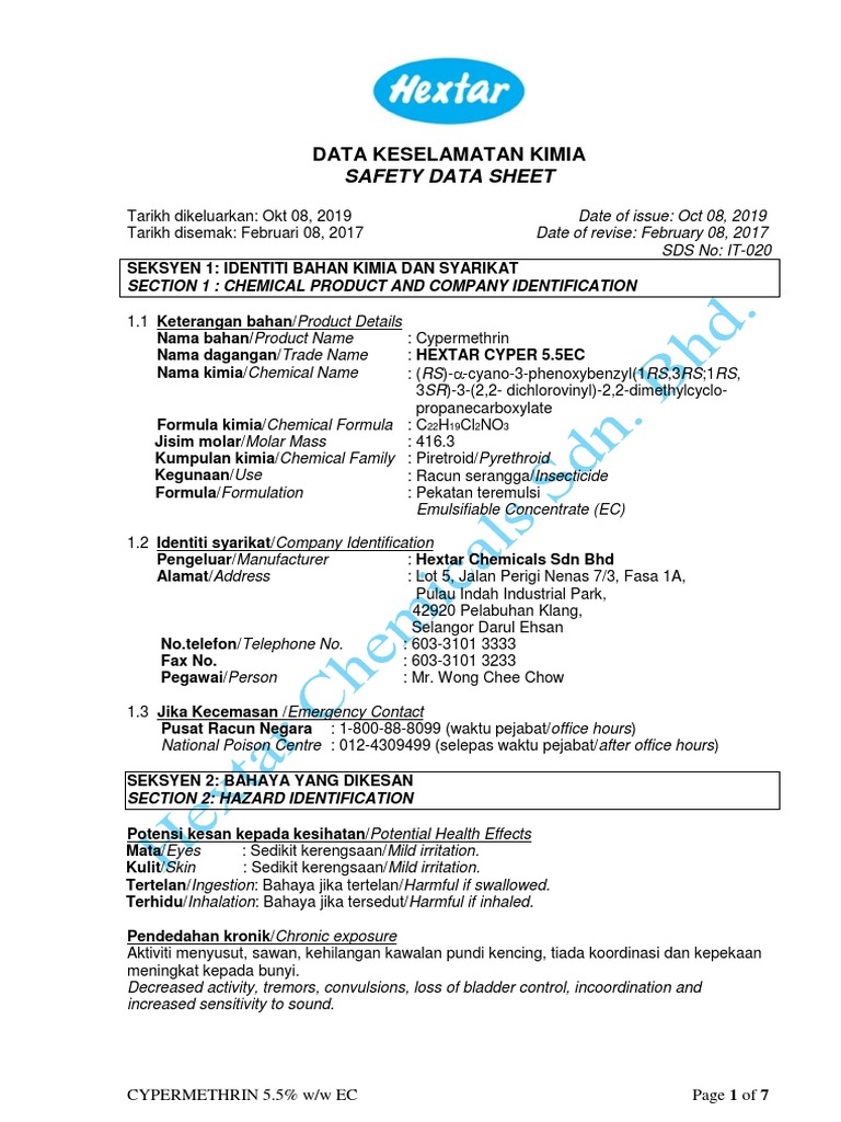SDS - Hextar Cyper 5.5EC | PDF | Hydrogen | Chlorine