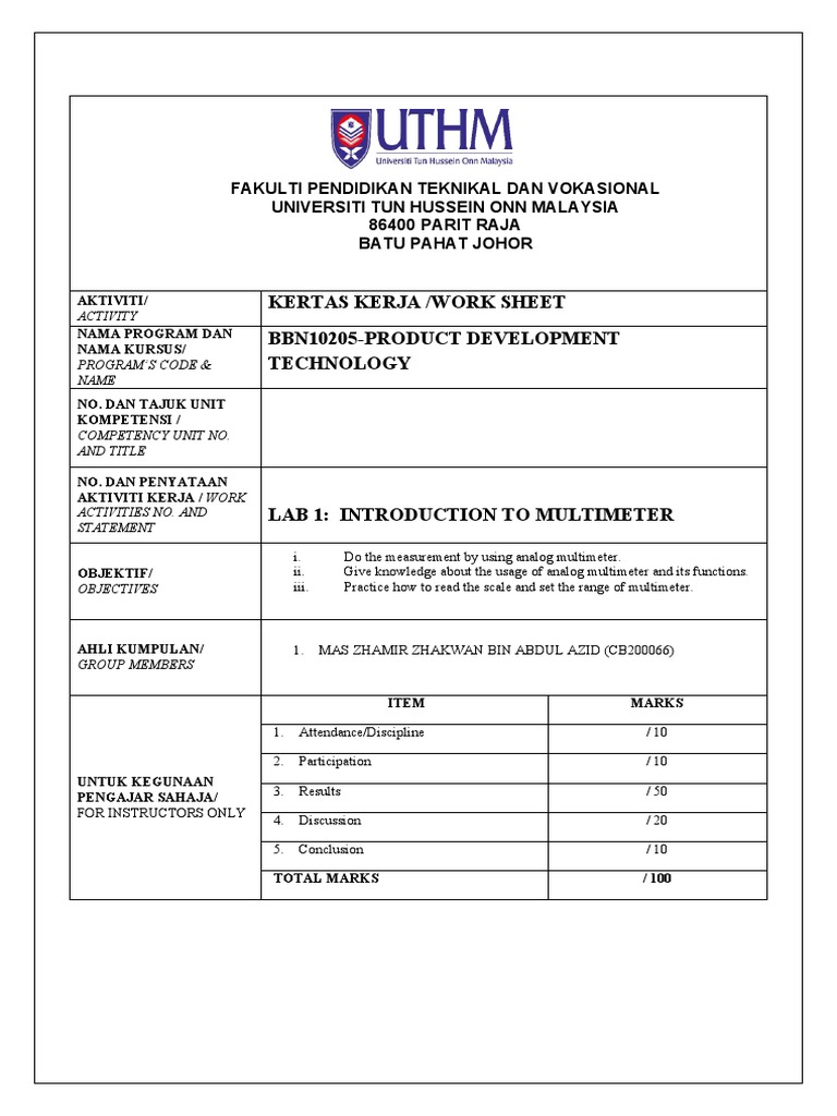 Lab 1 Multimeter BBN 10205 (Done) | PDF | Electrical Engineering ...