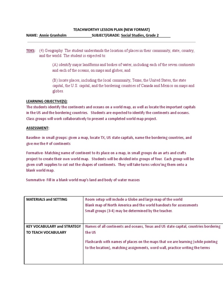Teks:: Teachworthy Lesson Plan (New Format) NAME: Annie Granholm ...