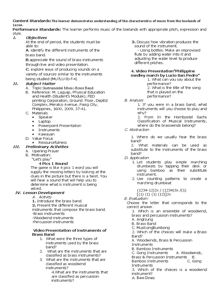 Lesson Plan For Brass Band 1 | PDF | Musical Instruments | Brass ...