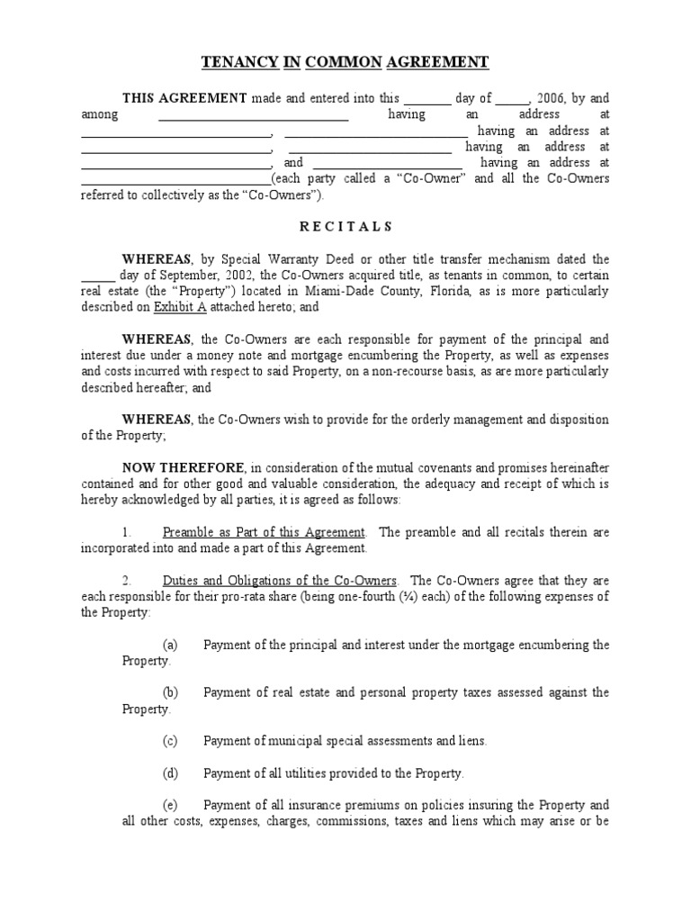 Form Tenancy in Common Agreement | PDF | Concurrent Estate | Bankruptcy