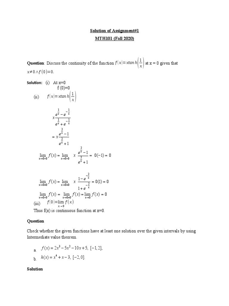 Solution of Assignment#1 MTH101 (Fall 2020) | PDF | Calculus | Mathematical Relations