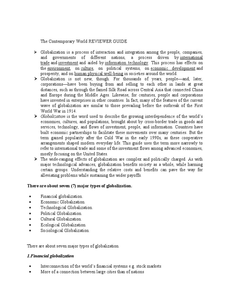 PUP Reviewer The Contemporary World | PDF | Economic Globalization ...