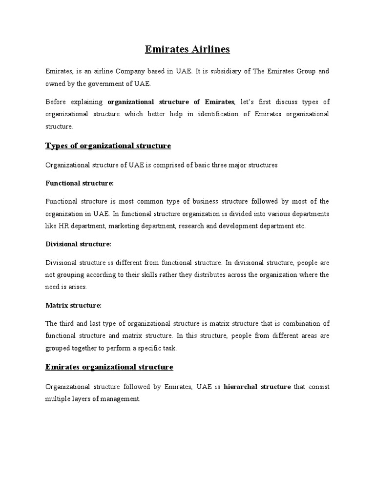 Emirates Airlines: Types of Organizational Structure | PDF