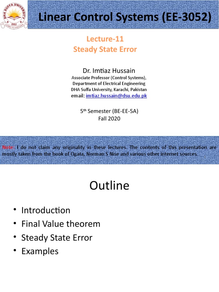 Linear Control Systems (EE-3052) : Lecture-11 Steady State Error | PDF | Steady State | Acceleration