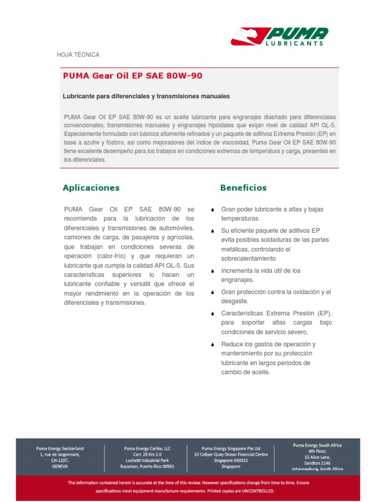 Msds Puma Gear Oil Sae 80w90 | PDF | Lubricante | Agua