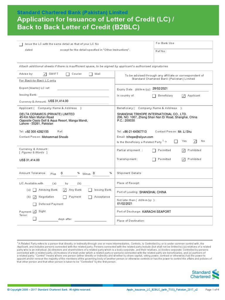 Application For Issuance of Letter of Credit (LC) / Back To Back Letter ...