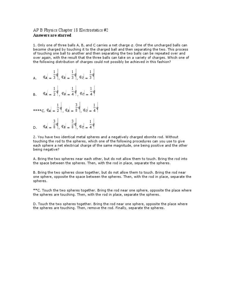 Answers Are Starred: AP B Physics Chapter 18 Electrostatics #2 | PDF ...