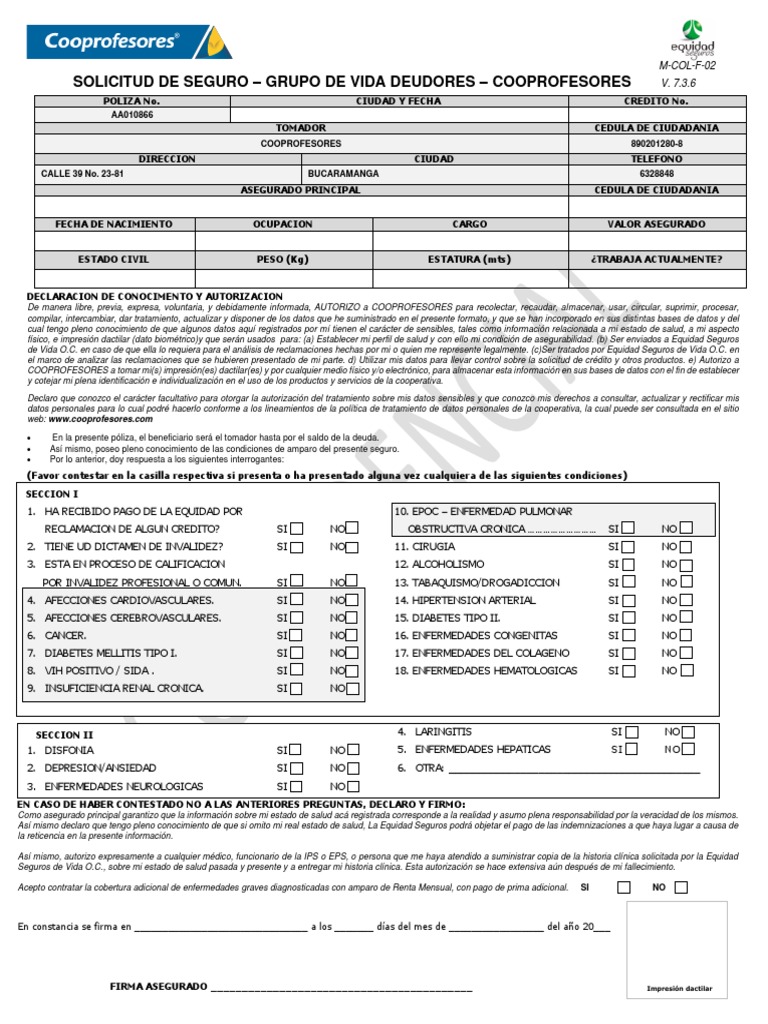 M COL F 02 (Formato de Asegurabilidad) | PDF | Póliza de seguros | Condicion cronica