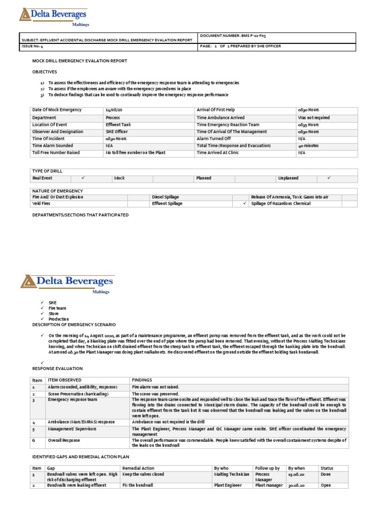 Effluent Discharge Mock Emergency and Evalaution Report | PDF ...