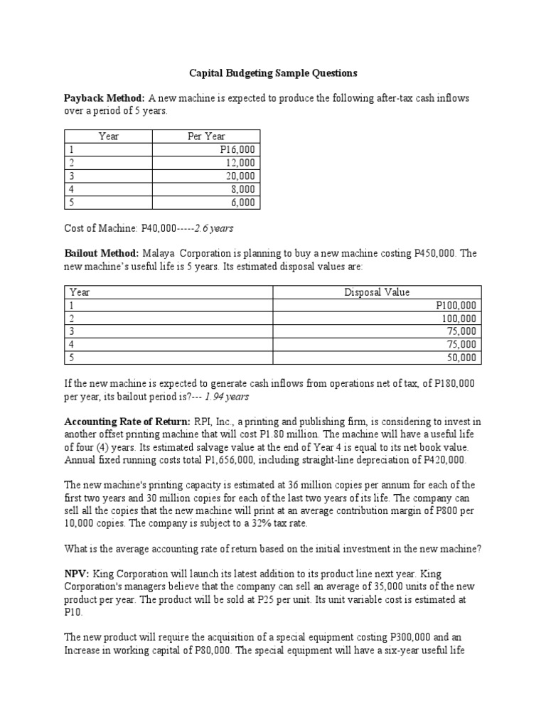 Capital Budgeting Sample Questions Explained | PDF | Depreciation ...