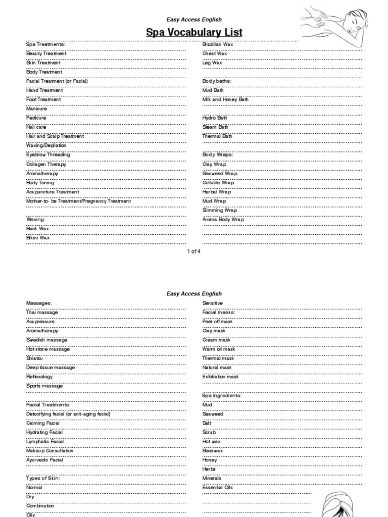 Spa Vocabulary List: Easy Access English | PDF | Massage | Nail (Anatomy)