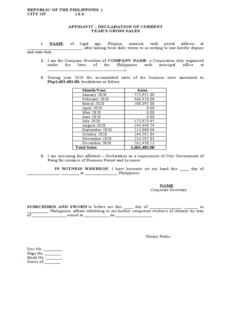 Affidavit of Gross Sales | PDF | Affidavit | Common Law