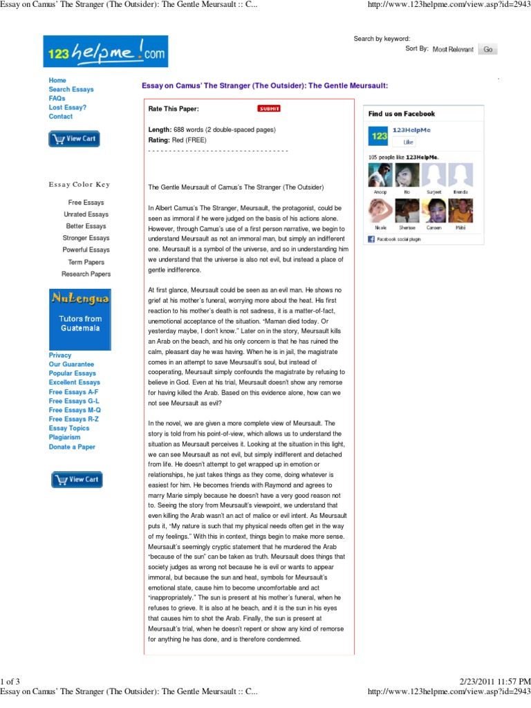 Essay On Camus' The Stranger (The Outsider) : The Gentle Meursault | PDF