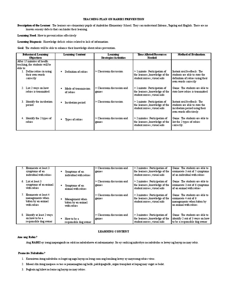 Rabies Prevention Teaching Plan | PDF | Rabies | Classroom