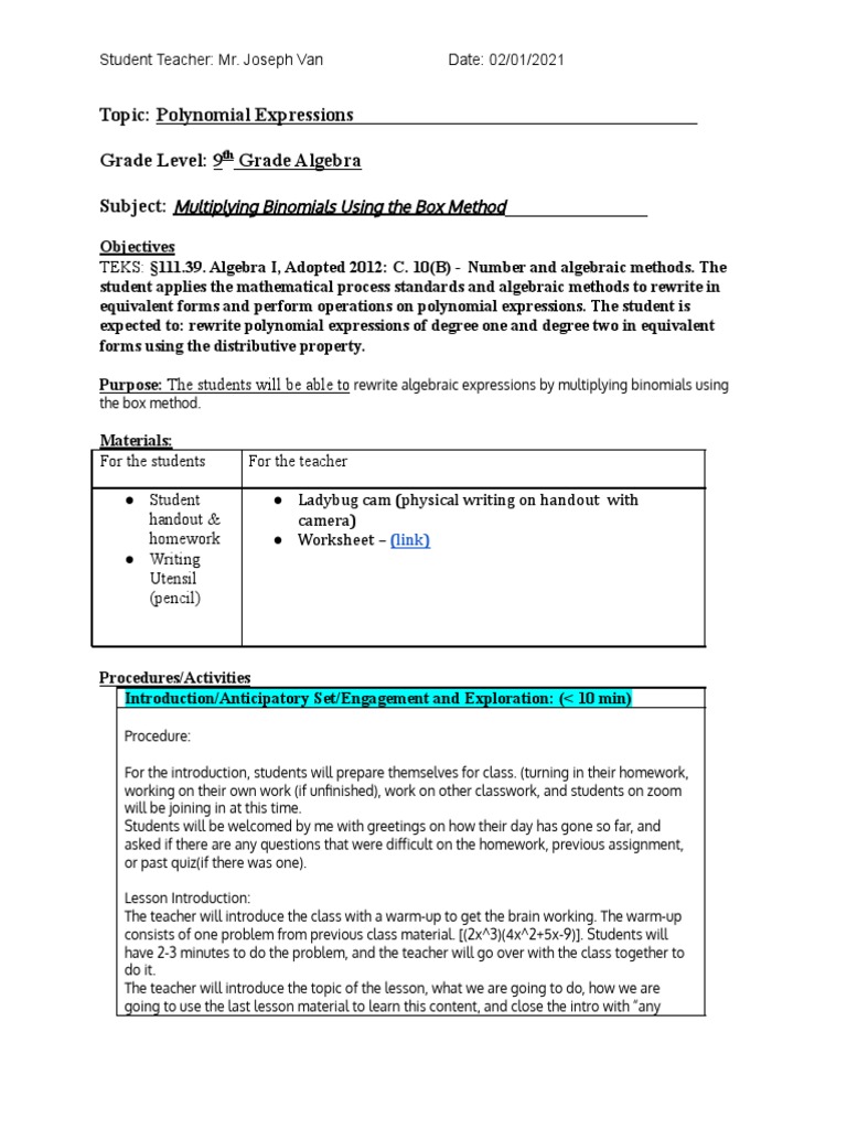 Box Method for Multiplying Binomials | PDF | Area | Teachers