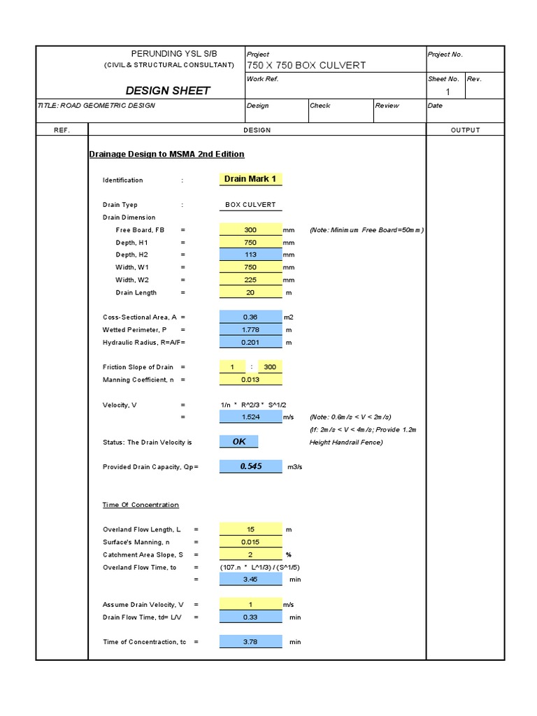 Design Sheet: Drainage Design To MSMA 2nd Edition Drain Mark 1 | PDF ...
