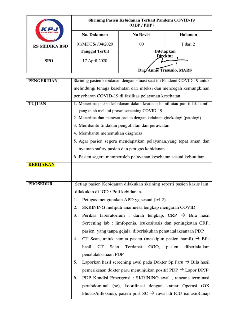 Sop Skrining Pasien Kebidanan | PDF