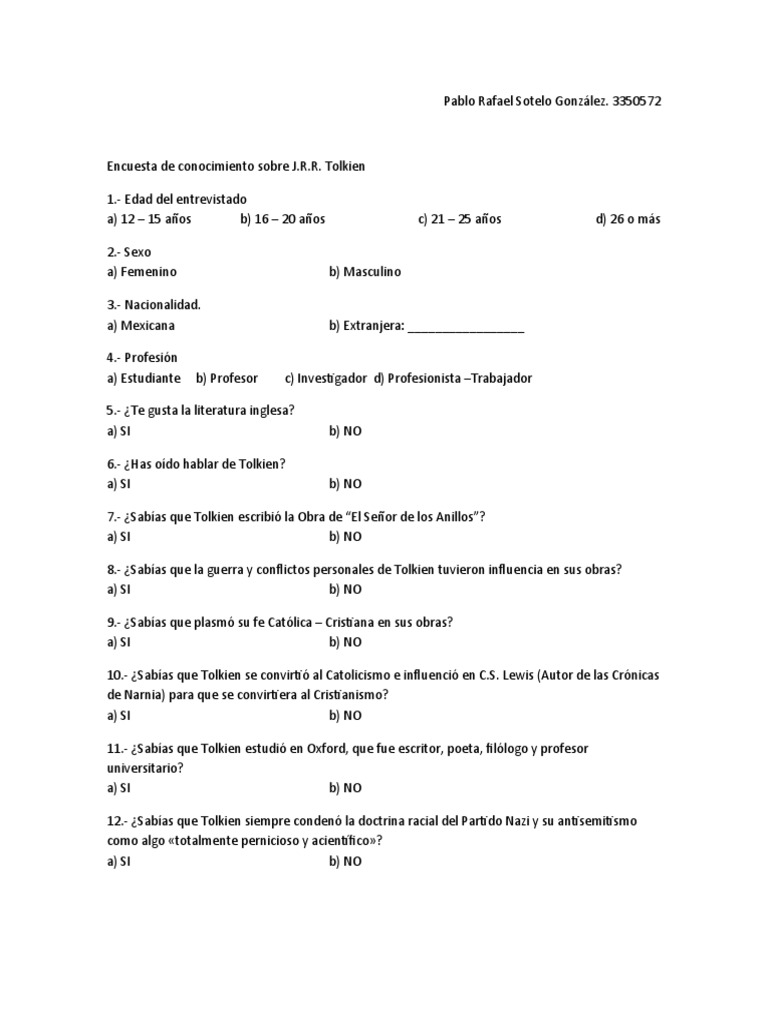 Encuesta Pablo Sotelo | PDF | J. R. R. Tolkien | Religión y creencia