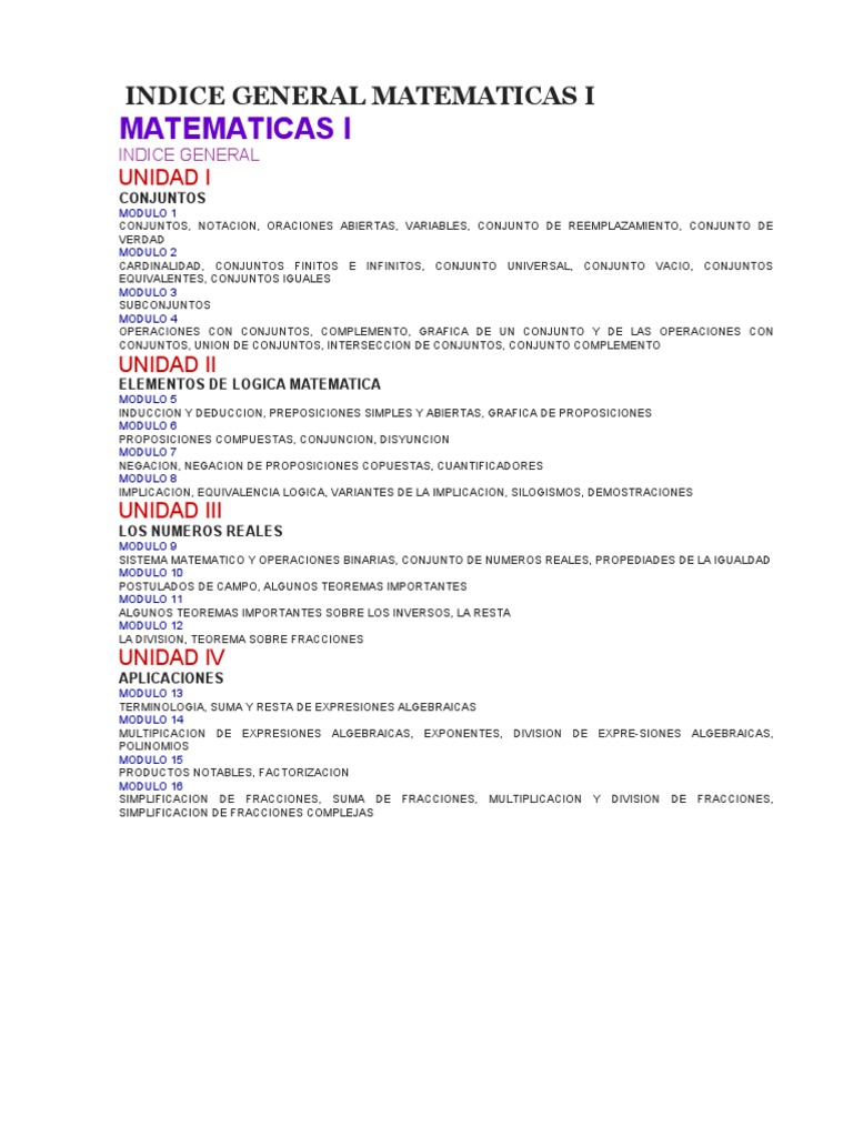 Indice General Matematicas I | PDF | Proposición | Conjunto (Matemáticas)
