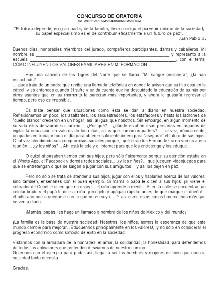 ORATORIA Como Influyen Los Valores en Mi Formacion Discurso 2 | PDF