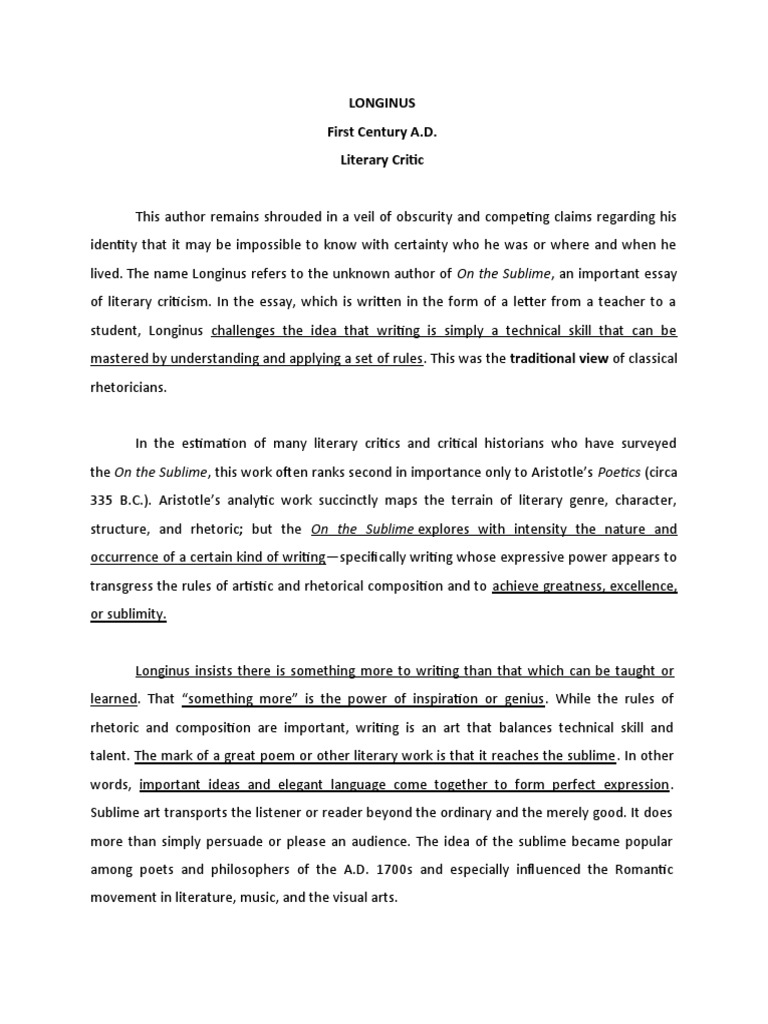 Longinus First Century A.D. Literary Critic: Explores With Intensity ...
