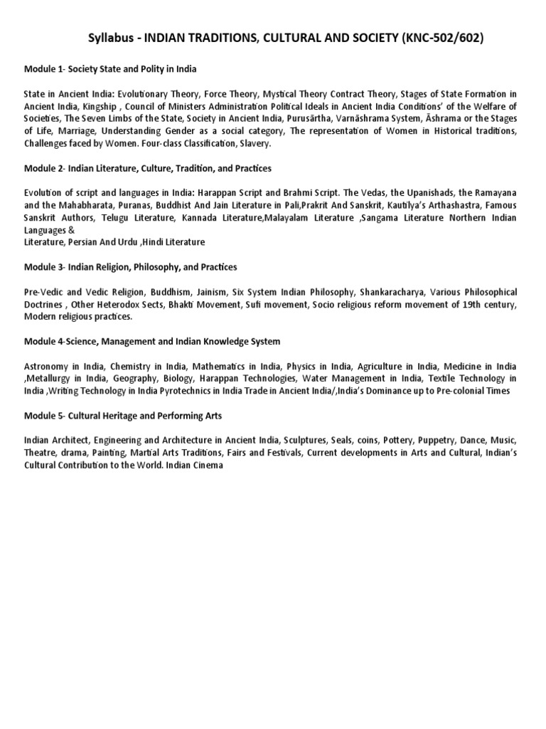Syllabus - Indian Traditions, Cultural and Society (Knc-502/602) | PDF ...