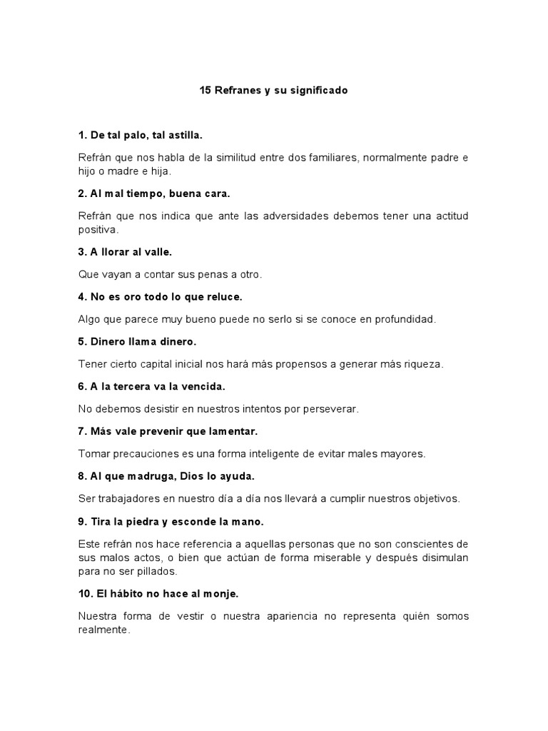 15 Refranes y sus significados | PDF