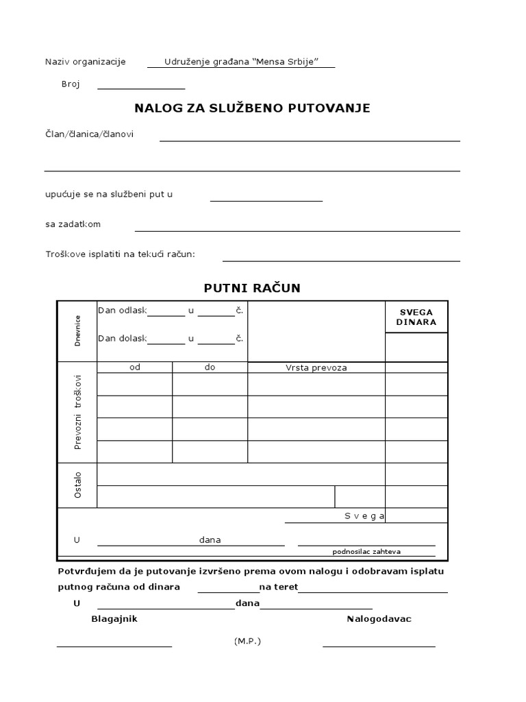 Putni Nalog Blanko | PDF