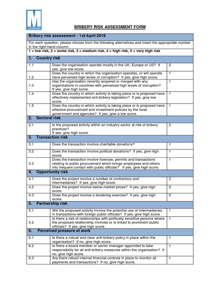 Bribery Risk Assessment Form Bribery Risk Assessment - 1st April 2015 ...