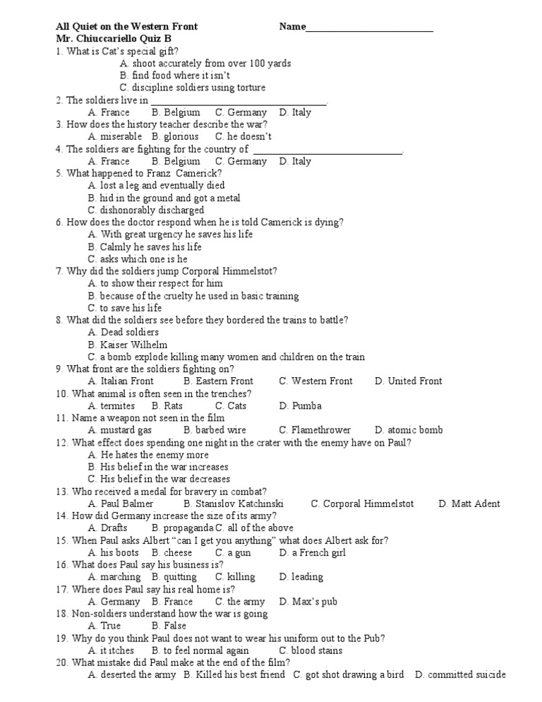 All Quiet on the Western Front Quiz | PDF | Western Front (World War I ...
