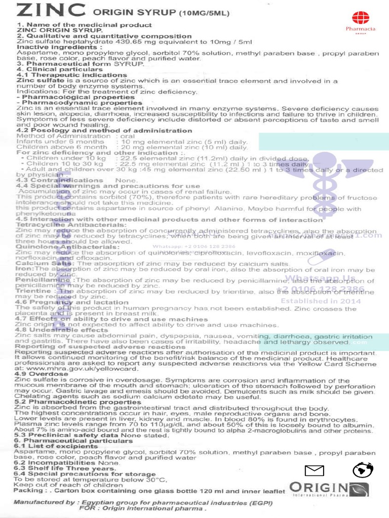 ZINC ORIGIN SYRUP - 10MG Zinc Sulphate Heptahydrate in Each 5 ML - PIL ...