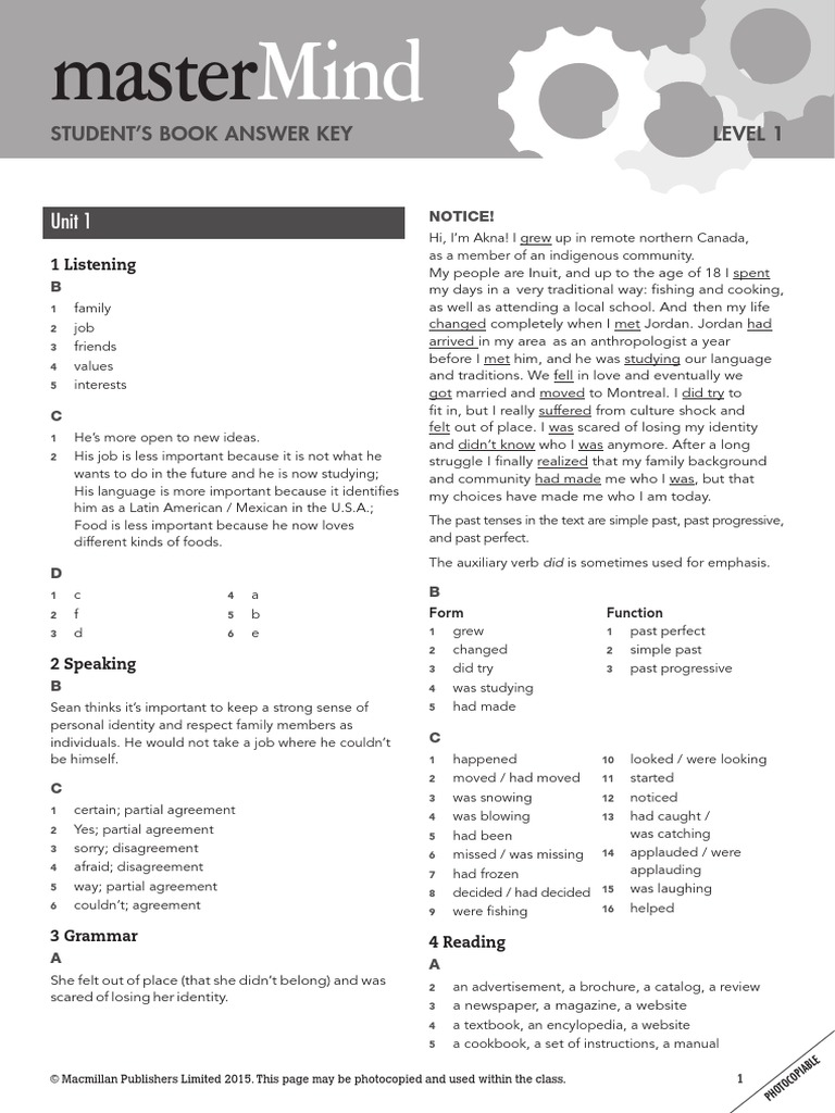 Mastermind 1 Unit 1 Student's Book Answer Key | PDF