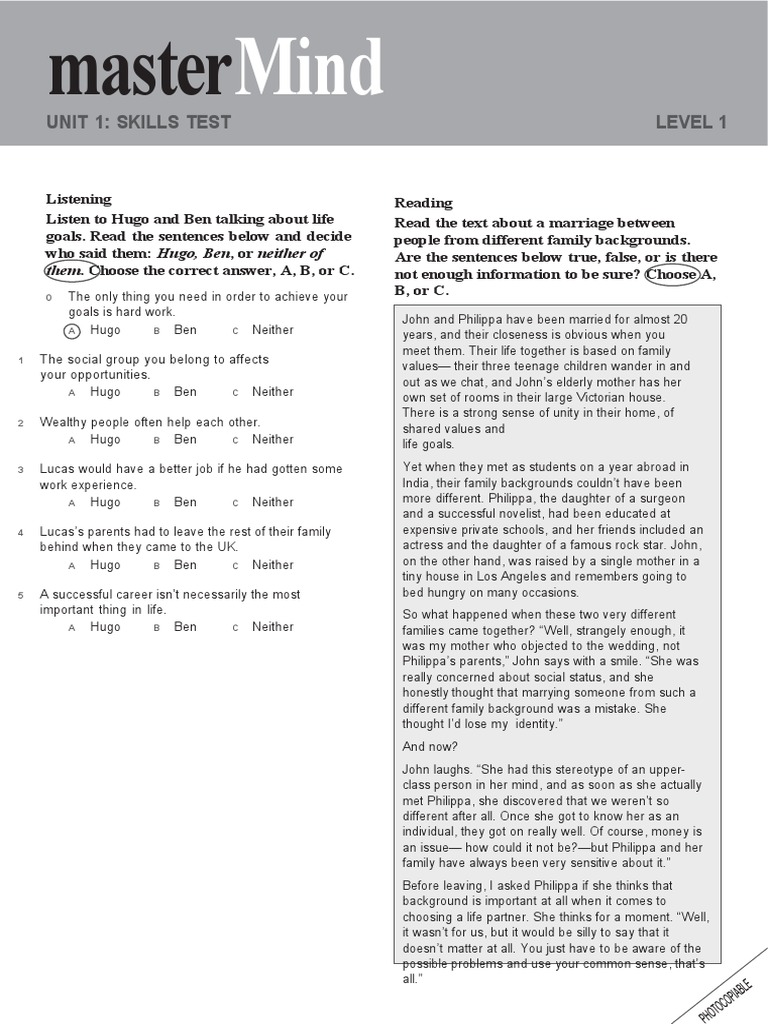 Mastermind 1 Unit 1 Skills Test | PDF