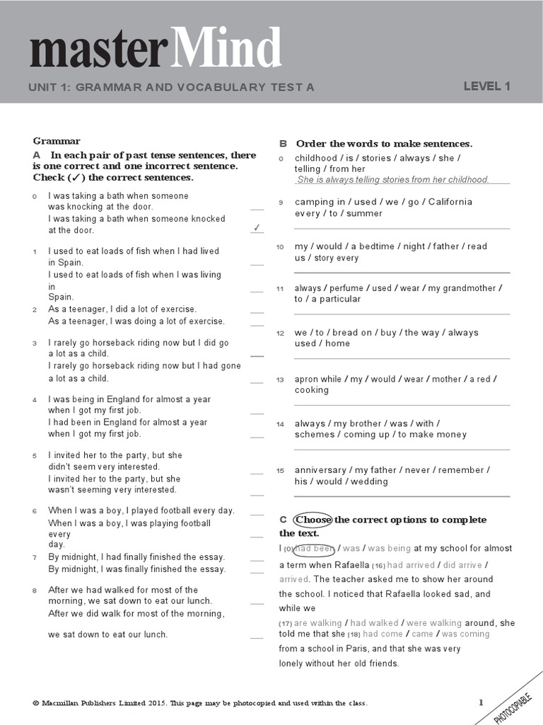 Mastermind 1 Unit 1 Grammar and Vocabulary Test A | PDF