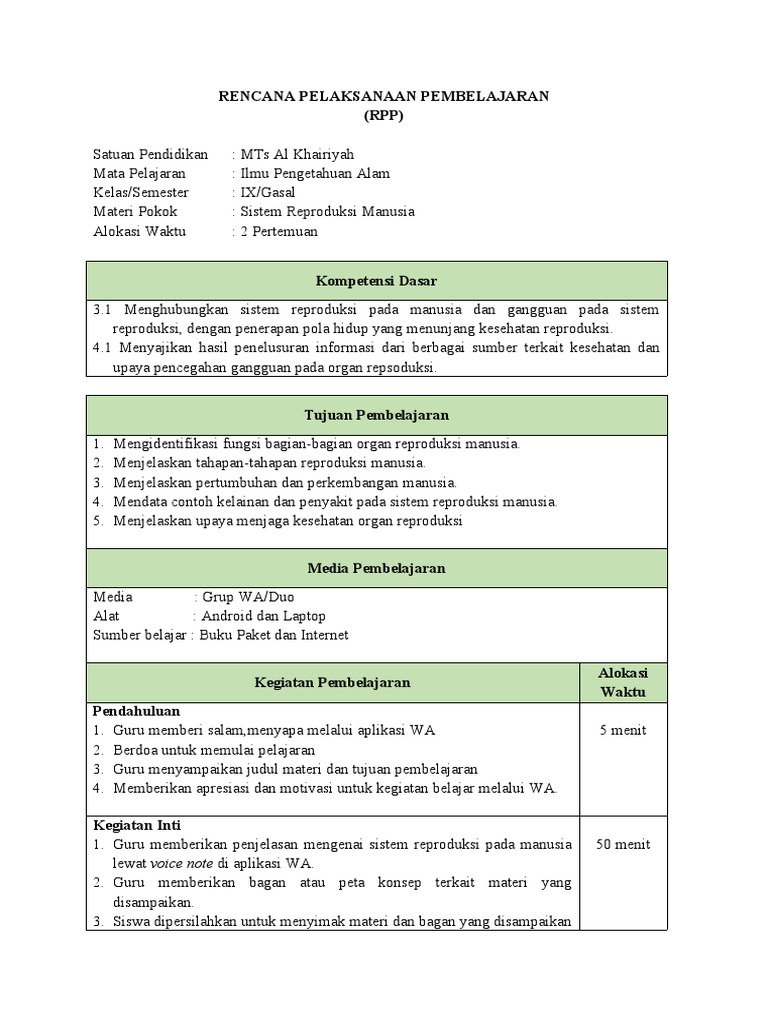 RPP Ipa Kelas 9 Reproduksi Manusia | PDF | Kesehatan Holistik