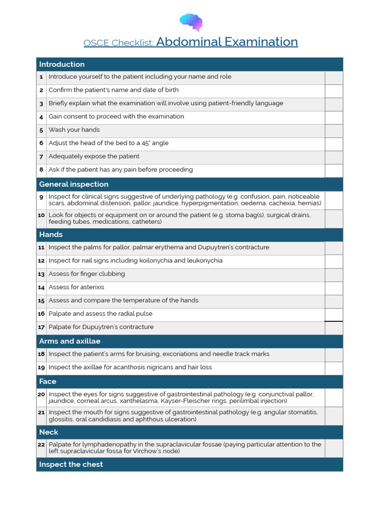 Abdominal Examination: OSCE Checklist | PDF | Medical Specialties | Clinical Medicine