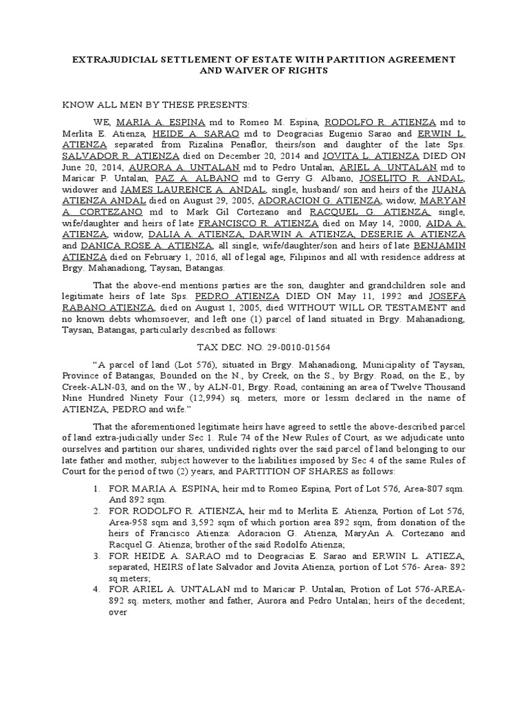 Extrajudicial Settlement of Estate With Partition Agreement and Waiver ...