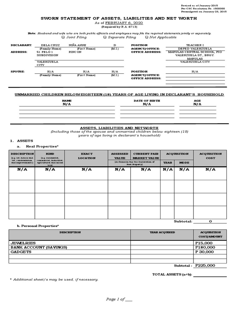 Sworn Statement of Assets, Liabilities and Net Worth | PDF | Net Worth ...