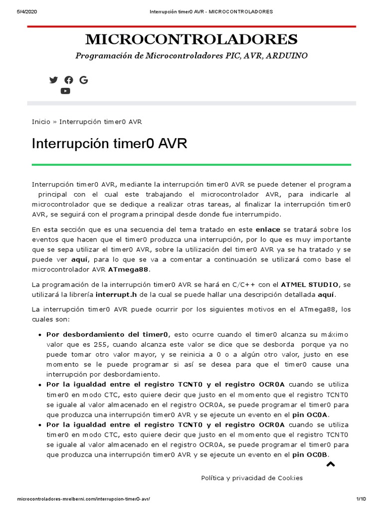 Interrupción Timer0 Avr - Microcontroladores | PDF | Microcontrolador | Circuito integrado