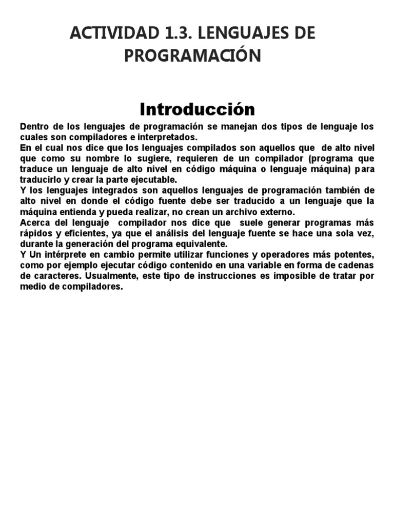 ACTIVIDAD 1.3. Lenguajes de Programación | PDF | Compilador | Lenguaje ...