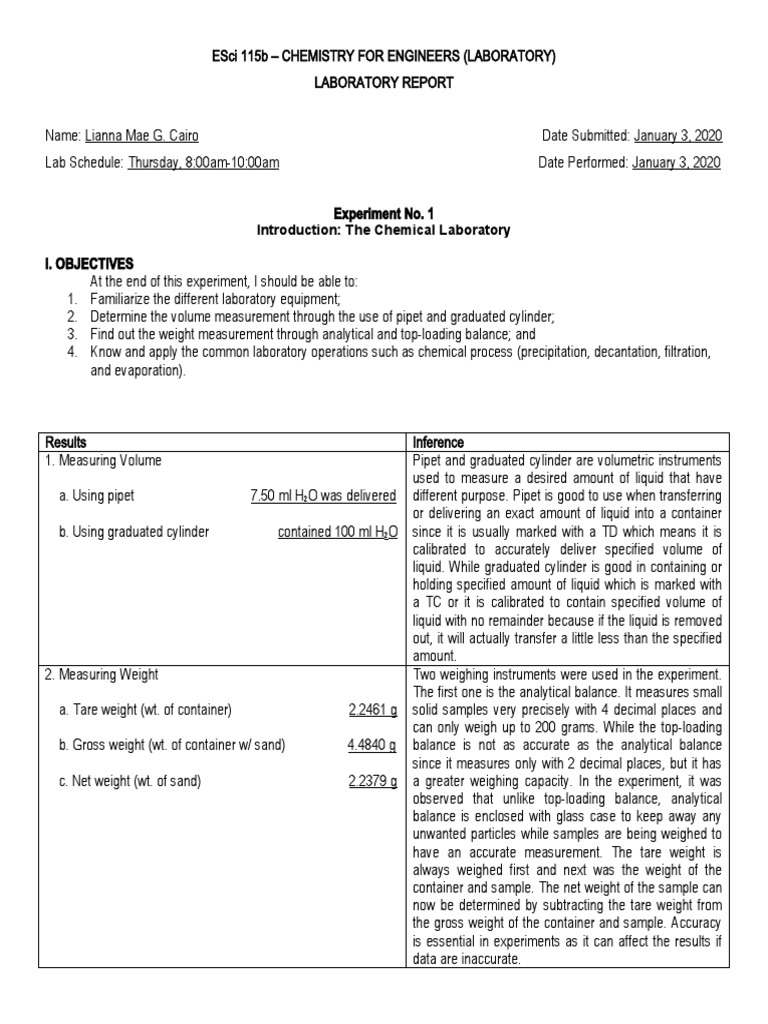 Experiment No. 1: Introduction: The Chemical Laboratory | PDF ...