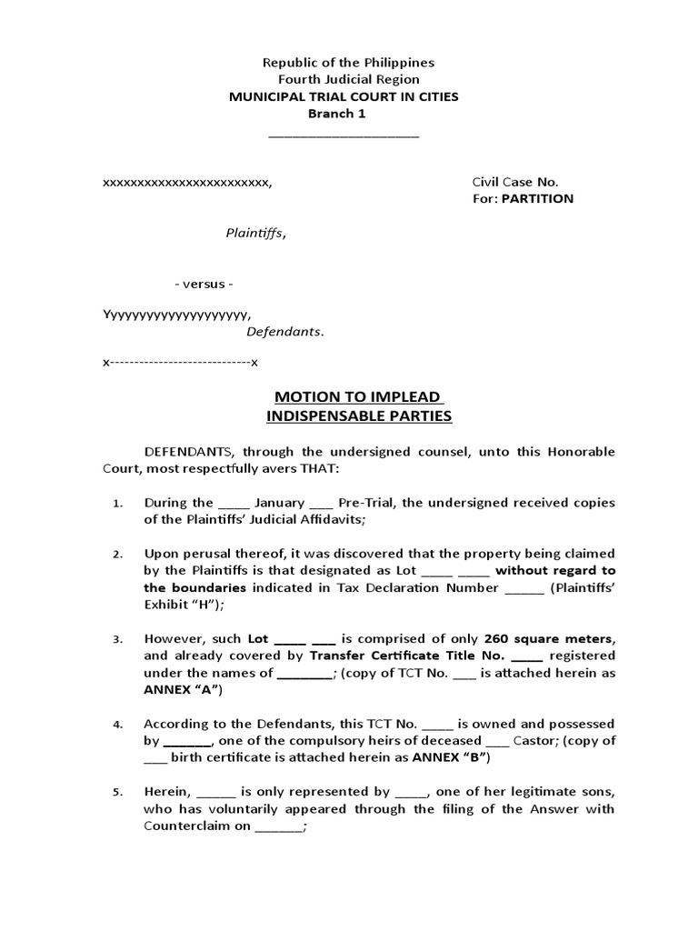 Motion To Implead Indispensable Party | PDF | Lawsuit | Complaint