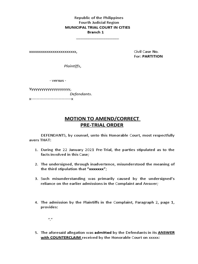 Motion To Amend-Correct Pre-Trial Order | PDF