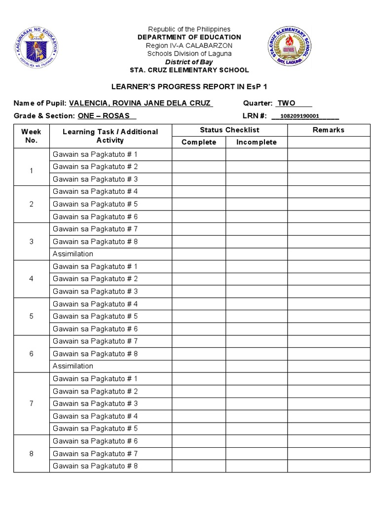 Learners Progress Report Esp Pdf