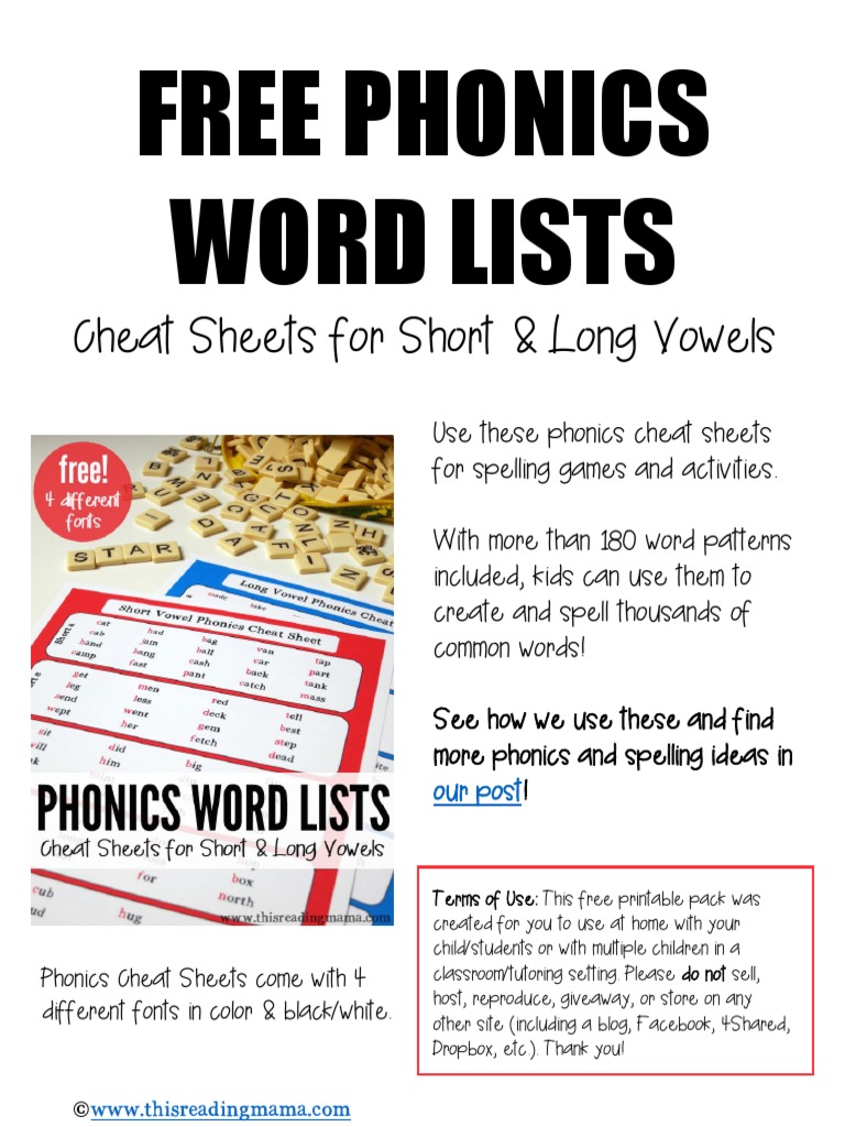 Free Phonics Word Lists: Cheat Sheets For Short & Long Vowels | PDF