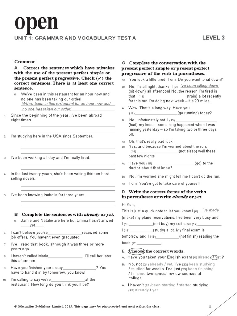 Openmind 3 Unit 1 Grammar and Vocabulary Test A | PDF | Goal